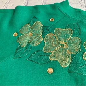 Tops | Vintage 198s Floral Gold Glitter Puff Paint Crew | Poshmark